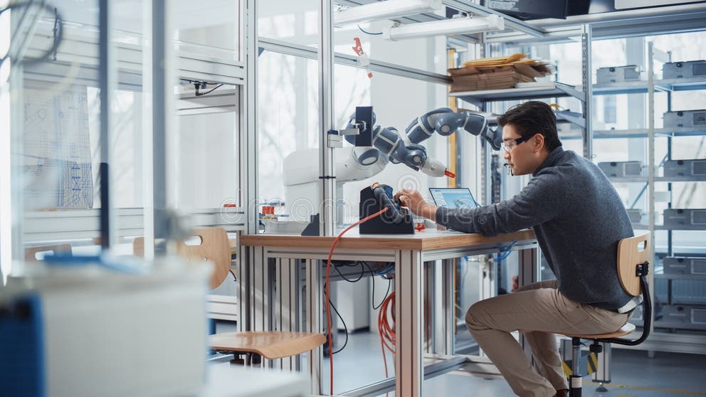Asian Engineer Moving Robotic Arm with Control Panel while Developing ...