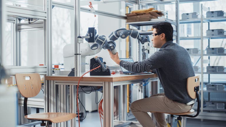 Asian Engineer Moving Robotic Arm with Control Panel while Developing ...