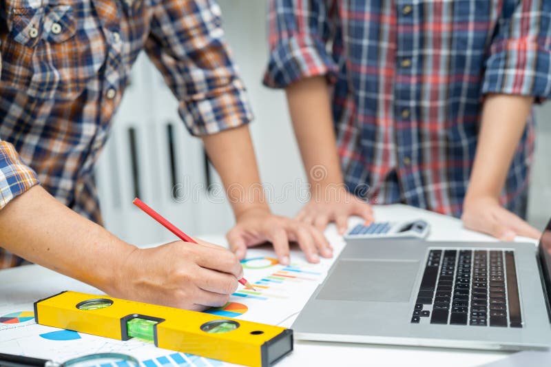 Asian Engineer and Partner Team Learn and Talk with House Plan Project ...