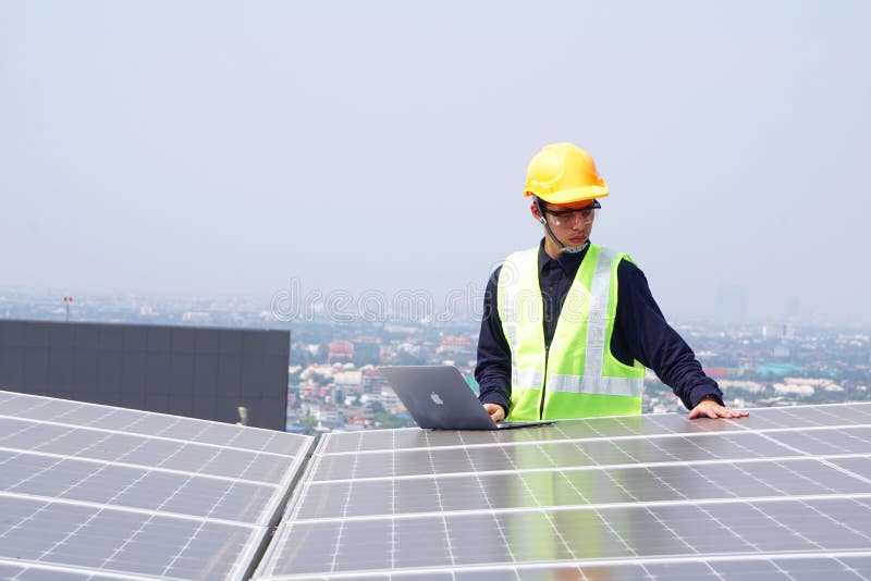 Asian Engineer for Solar Panel Inspection Roof Construction. Stock ...