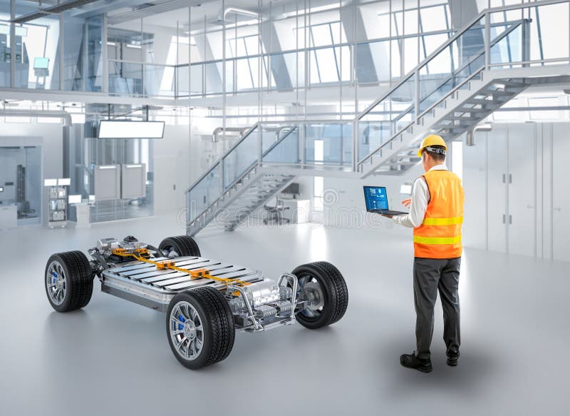 Asian Engineer or Technician with Ev Car in Factory Stock Illustration ...