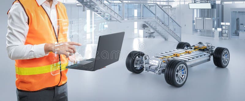 Asian Engineer or Technician with Ev Car in Factory Stock Illustration ...