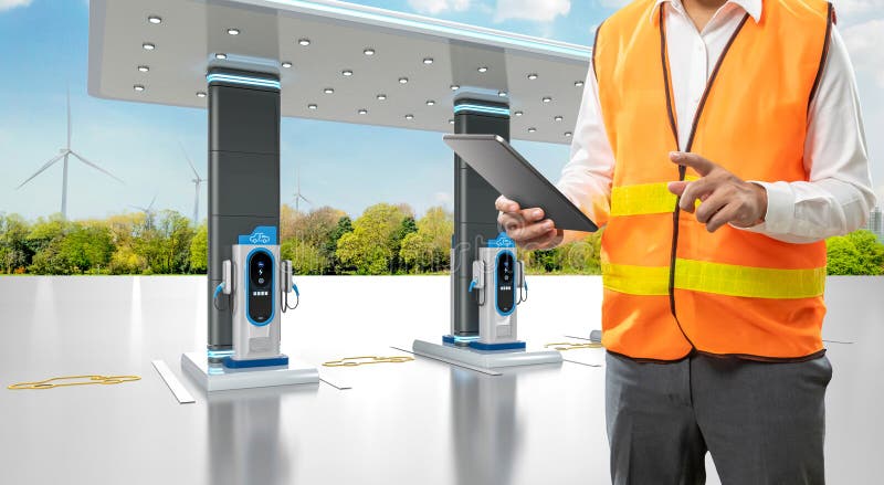 Asian Engineer or Technician with EV Charging Stations Stock Photo ...
