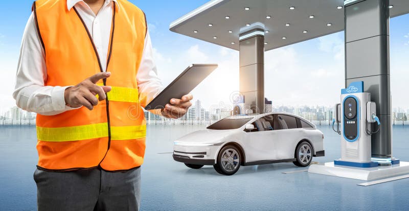 Asian Engineer or Technician with EV Charging Stations Stock Photo ...