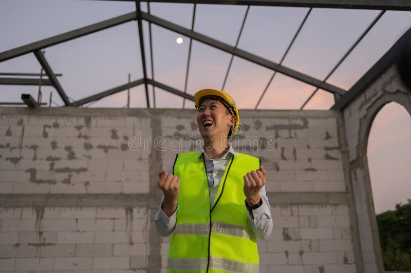 Asian Engineer in Uniform and Helmet at Construction Site Being Happy ...