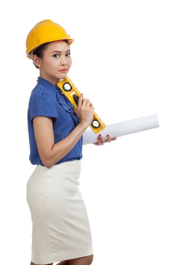 Asian Engineer Woman with Blueprints and Level Stock Image - Image of ...