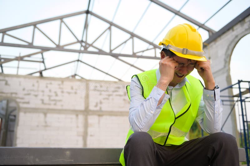 Asian Engineering Man with Safety Helmet Feeling Sad in Construction ...