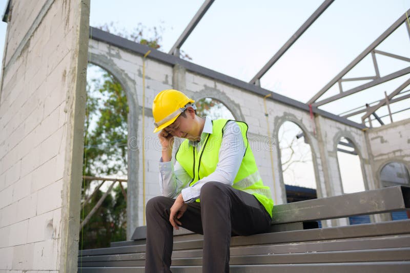 Asian Engineering Man with Safety Helmet Feeling Sad in Construction ...