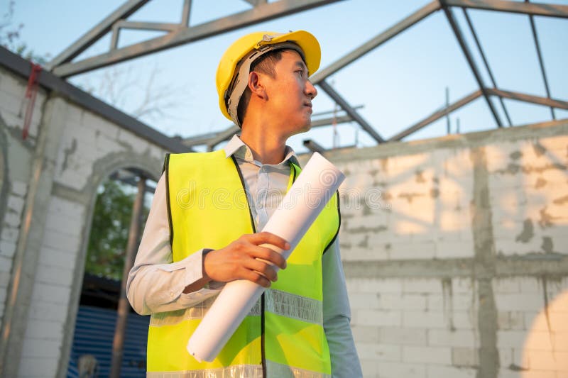 Asian Engineering Man Wearing Safety Helmet Analyzing Construction ...
