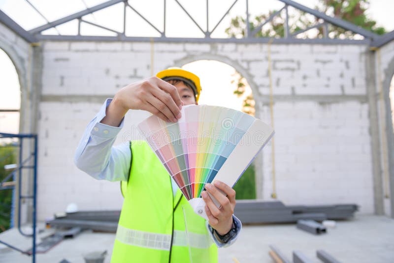 Asian Engineering Man Wearing Safety Helmet Selecting Color in ...