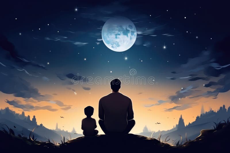 Asian Father and Son Sit on the Big Moon Background Stock Illustration ...