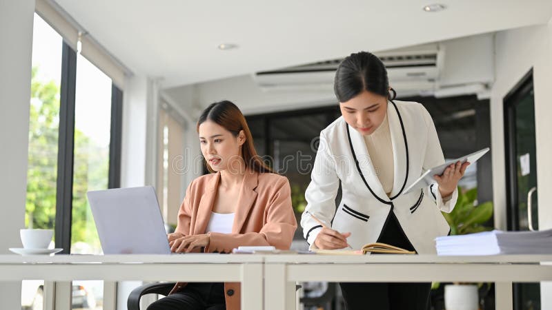 Asian Female Business Analyst Team Working Together, Concentrating on ...