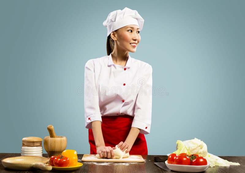 Asian Female Chef Cooking Pizza Dough Stock Photo - Image of bread ...
