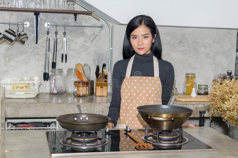 Asian Female Chefs are Cooking in the Kitchen Stock Image - Image of ...