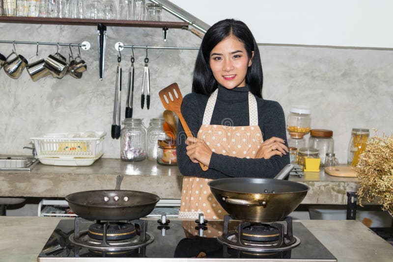 Asian Female Chefs are Cooking in the Kitchen Stock Image - Image of ...