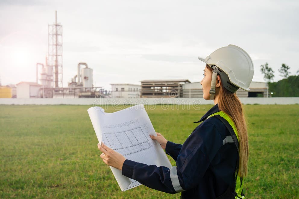 Asian Female Engineer Reading Work Drawings Stock Image - Image of ...