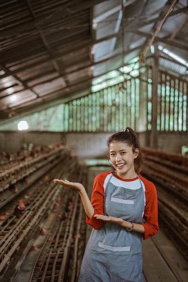 Asian Female Farmer with Hands Presenting Something at Chicken Farm ...