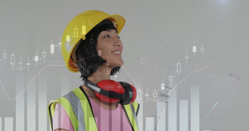 Asian Female Foreman with Building Plan and Foreground Graphs Stock ...