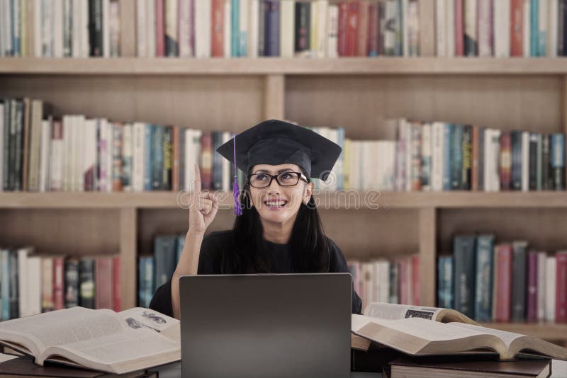 Asian Female Graduate Has Idea at Library Stock Image - Image of ...