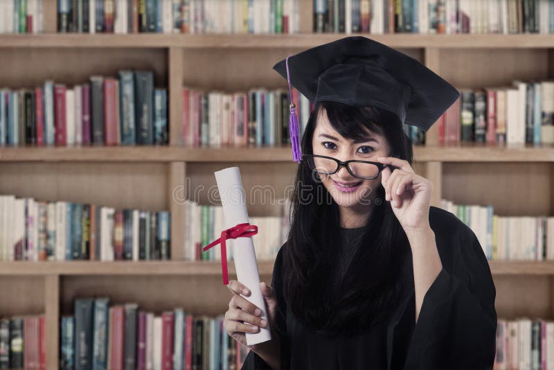 Asian Female Graduate Smiling at Library Stock Image - Image of ...