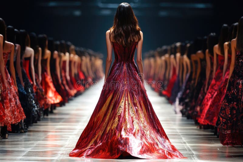 Asian Female Model in Stunning Red Gown on Runway among Multiple Models ...