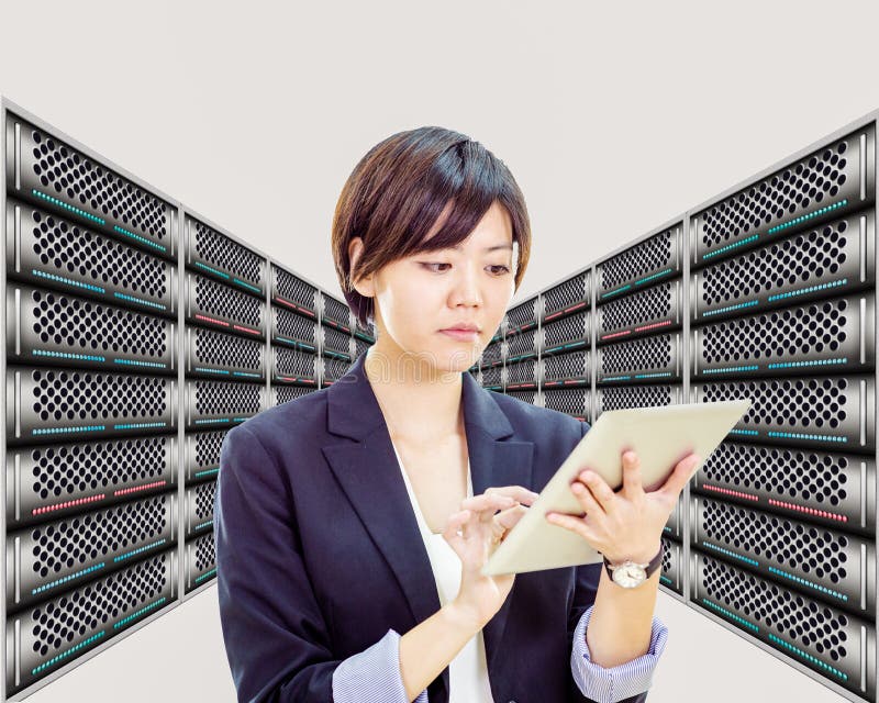 Asian Female Network Engineer in Server Room, Original Design Elements ...