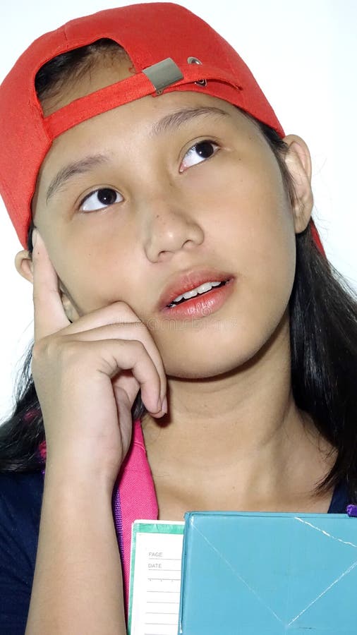 Asian Female Student Thinking Holding Books Isolated Stock Image ...