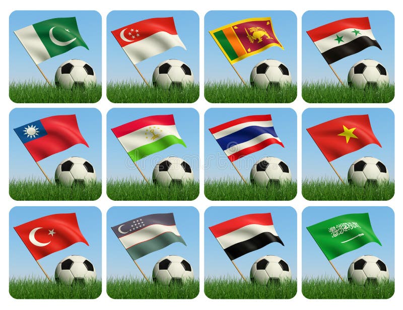 Asian Flags and Ball on Grass. 3d Stock Illustration - Illustration of ...