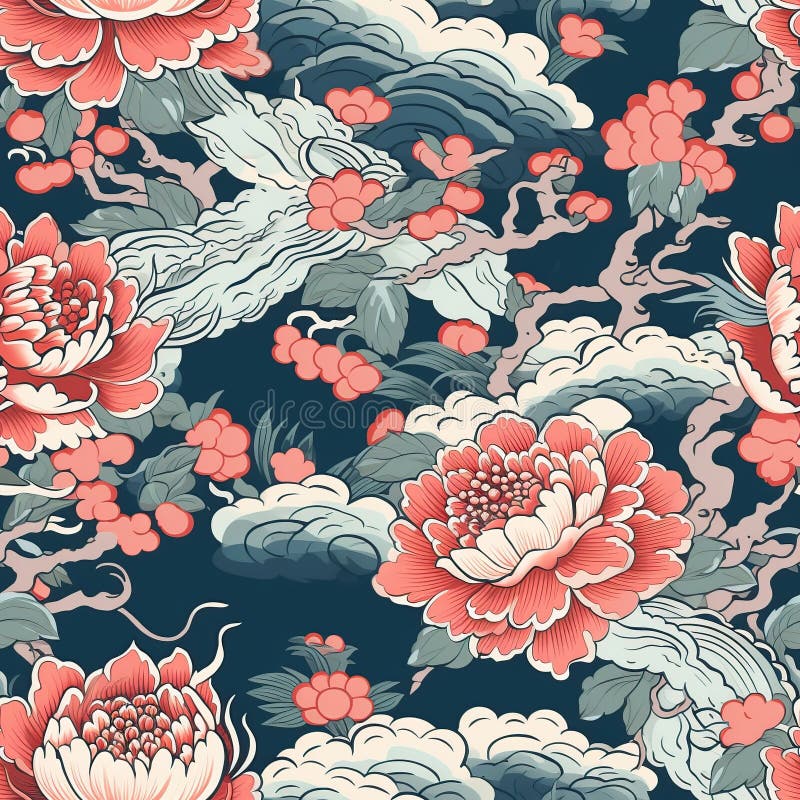 Asian Flower Style Seamless Pattern. AI Generated Stock Illustration ...