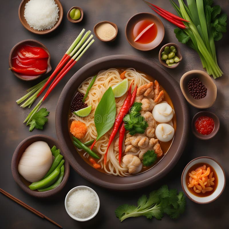 Asian Food Background with Various of Cooking Ingredients on Rustic ...