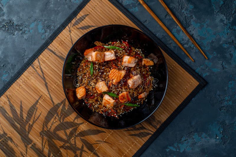 Asian Fried Wok Rice with Salmon Fish Stock Image - Image of stir ...
