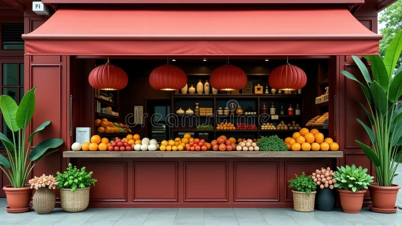 Asian Fruit Market Stall Red Exterior Design Stock Illustration ...