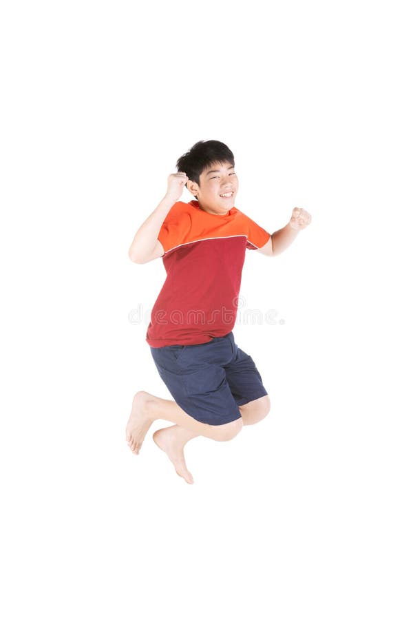 Asian Boy in a Red Sport is Jumping on a White Backdrop. Portra Stock ...