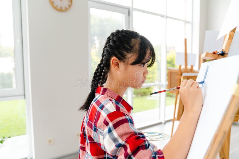 Asian Girl Drawing during Class in Art School Stock Image - Image of ...