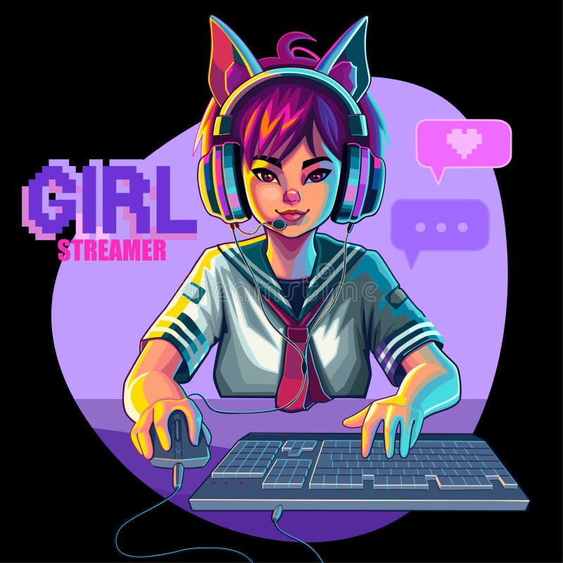 Asian Girl Gamer Or Streamer With Cat Ears Headset Sits In Front Of A Computer Stock Vector