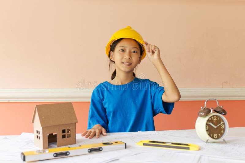 Asian Girl Has Ambition To Be a Structural Engineer with a Helmet and ...