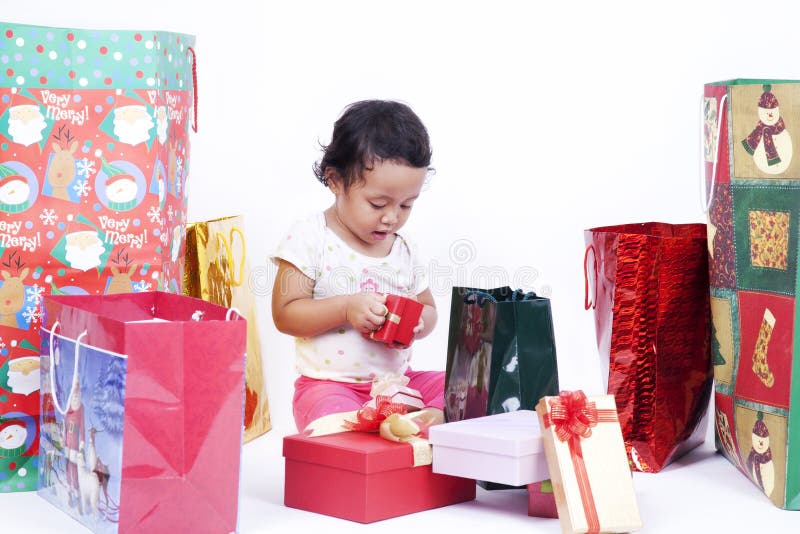 Asian Girl Opening Christmas Presents Stock Image - Image of green ...