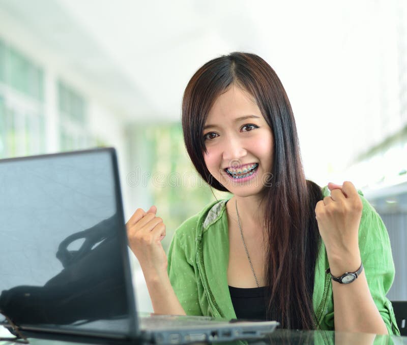 Asian Girl Smiling in Success Job Stock Photo - Image of long, good ...