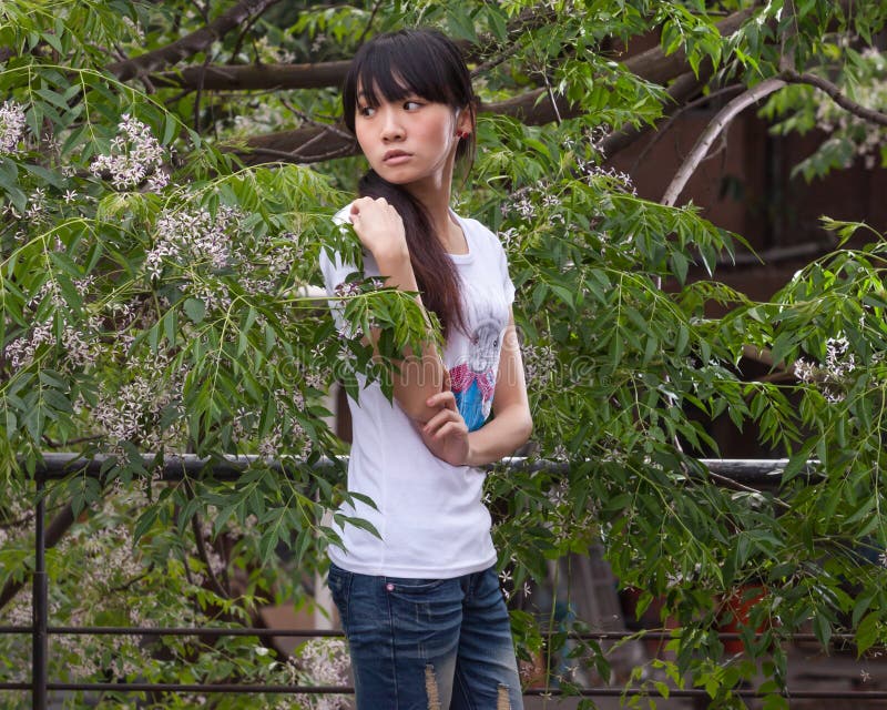 Asian Girl Standing Amongst Leaves Stock Image - Image of face ...