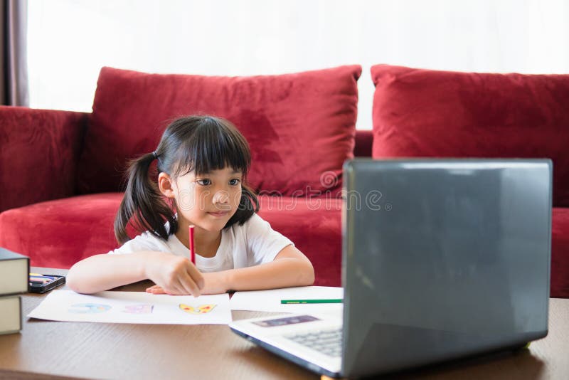 Asian Girl Student Online Learning Class Study Online with Laptop Stock ...