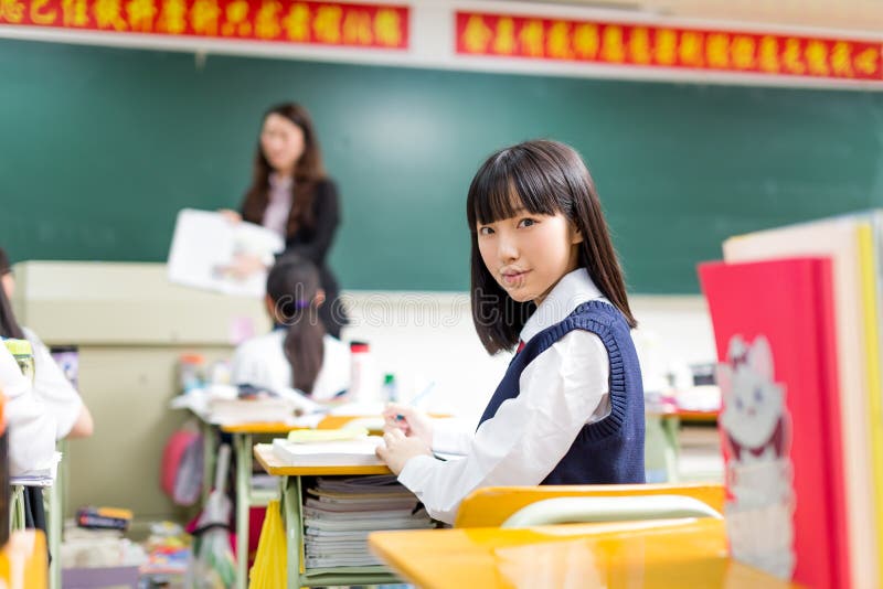 Asian Girl Student in School Uniform Learning in the Classroom Stock ...