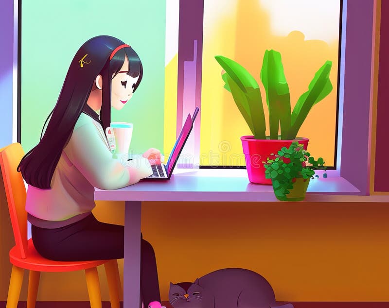 Asian Girl Using Computer and Drinking Coffee Stock Illustration ...