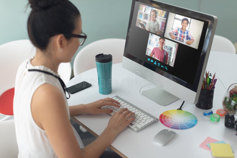 Asian Girl Using Computer for Video Call, with Smiling Diverse High ...