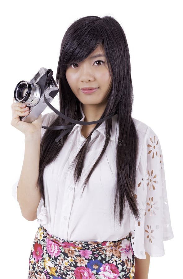 Asian Girl with Vintage Retro Camera. Stock Image - Image of joyful ...