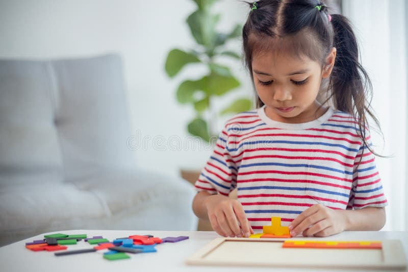 Asian Girls Play with Puzzles, Learn Math, Education Concept Stock ...