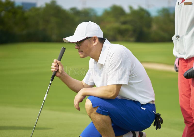 Asian Golfer Crouching in Golf Course Aiming and Preparing for Putting ...