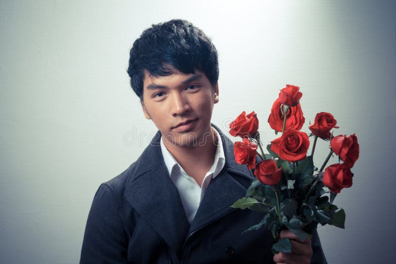 Asian Guy with Red Roses in Retro Style Stock Photo - Image of hope ...