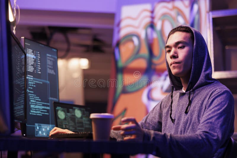 Asian Hacker Drinking Coffee and Hacking Stock Image - Image of server ...