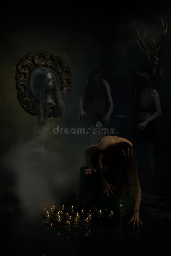 Asian Halloween Model in Barrel with Mirror Reflection Stock Photo ...