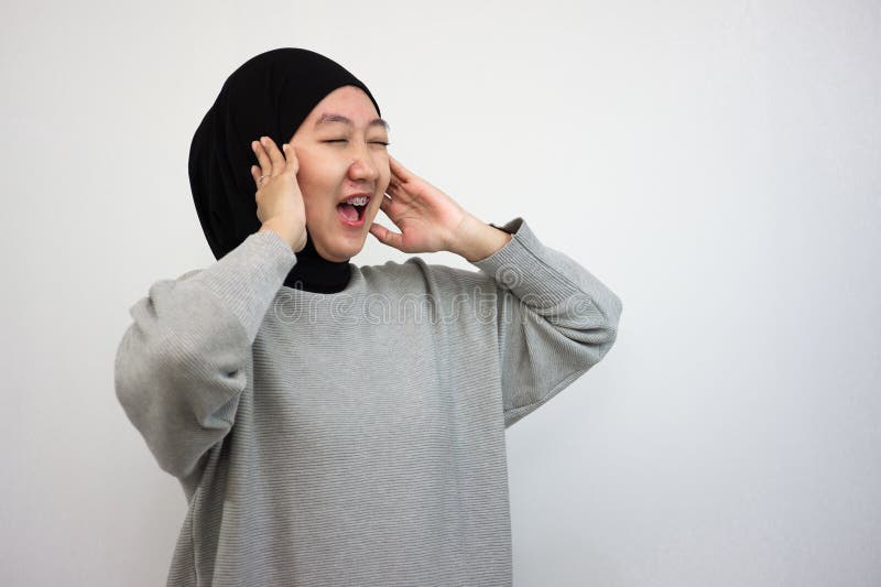 Asian Hijab Woman Screamed Loudly Isolated On White Background Stock